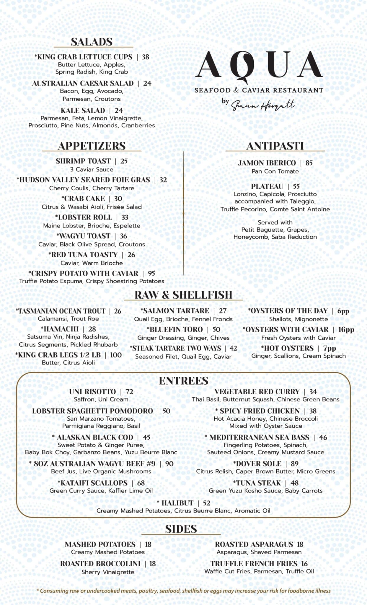 Aqua Seafood & Caviar Restaurant Menu | Food & Cocktail Drinks